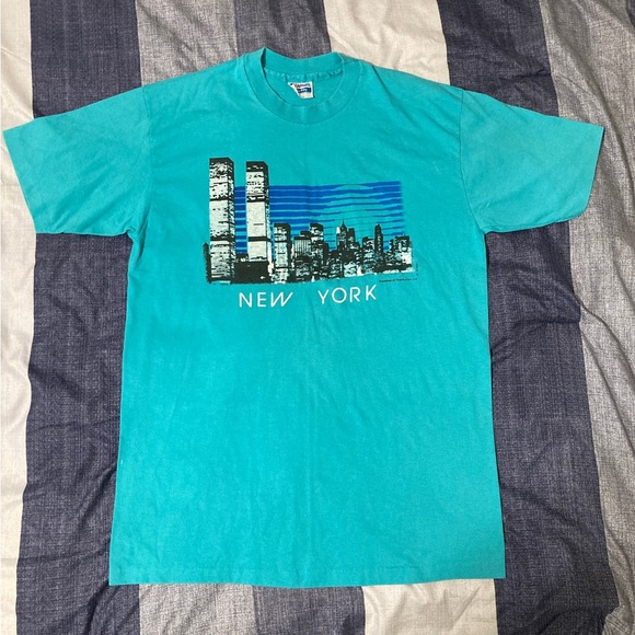 Hanes | Shirts | Vtg 9s New York City Twin Towers T Shirt Sz L Teal ...